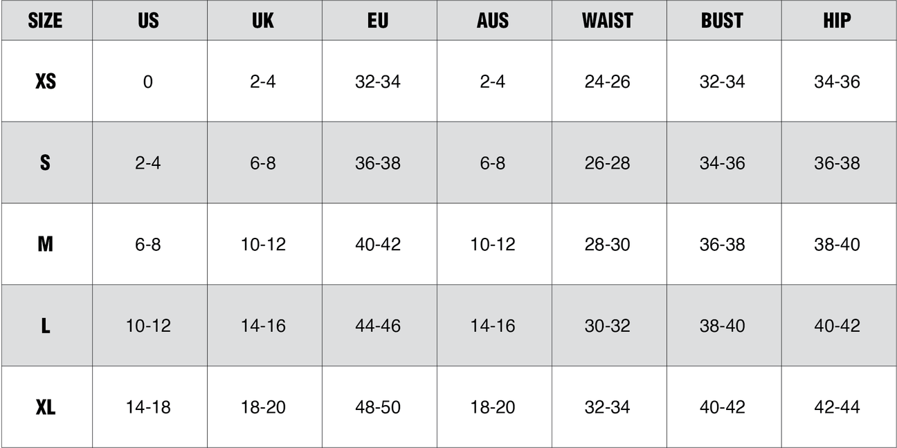 International Size Chart – OJA Wear